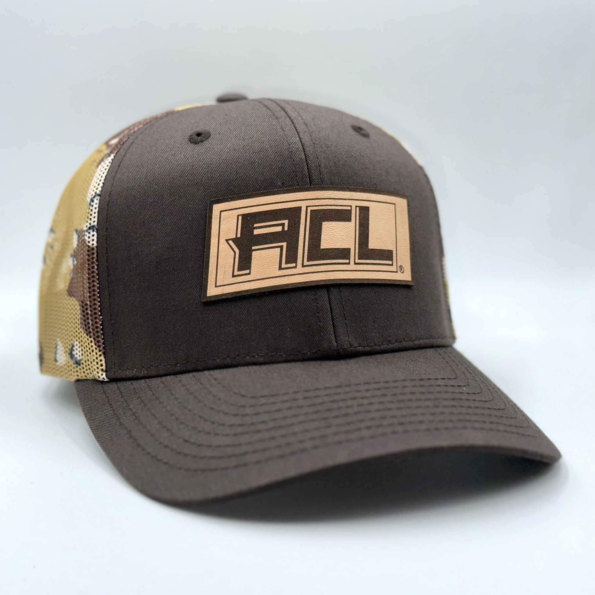 Brown Camo Hat With Leather Patch | American Cornhole League